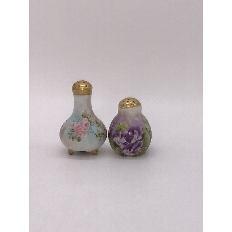 Vintage Hand Painted Purple and Pink Flowers 3 Salt & Pepper Shaker Set ...