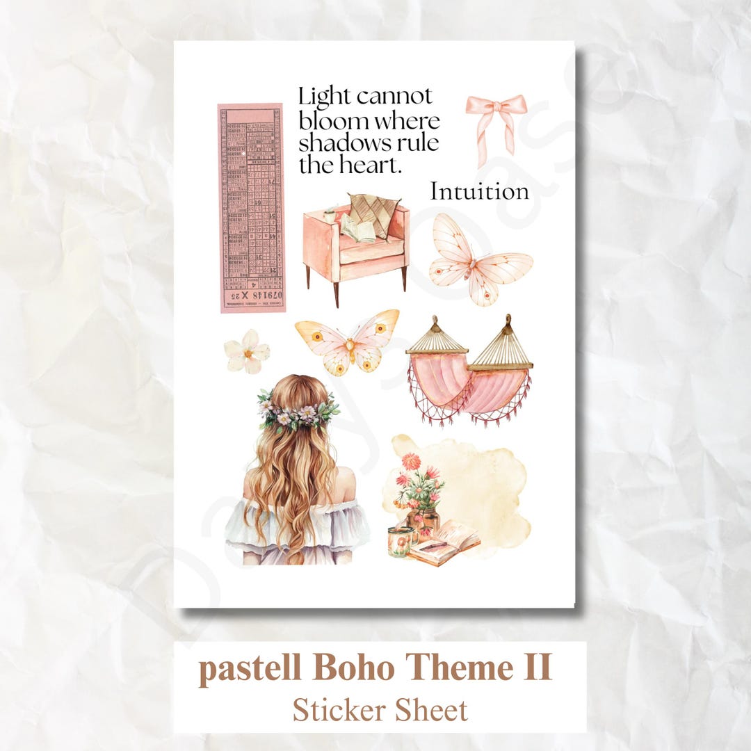 Sticker Sheet “pastel Boho Theme II” – Kiss-cut Stickers (DIN A6) – Girls, Butterflies & Sayings ...
