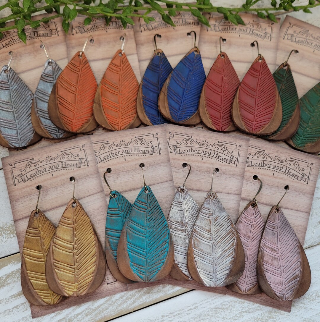 Leather Leaf Earrings Leather Earrings Tooled Leather Earrings boho ...