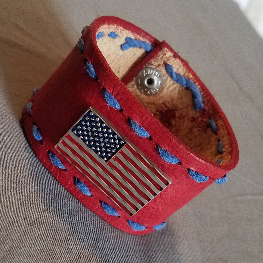 Buck Laced Leather Cuff With American Flag - Etsy