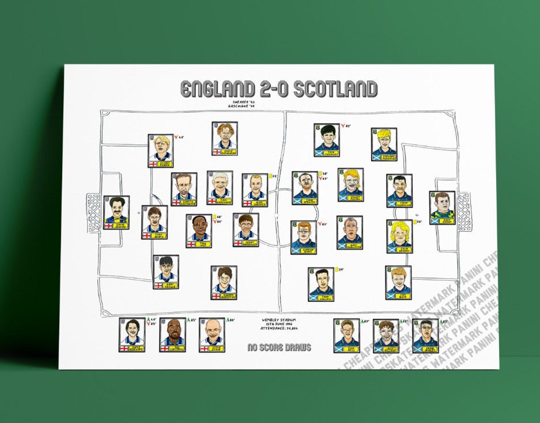 England V Scotland Euro 96 A3 Print Wonky Hand-drawn Panini-style ...