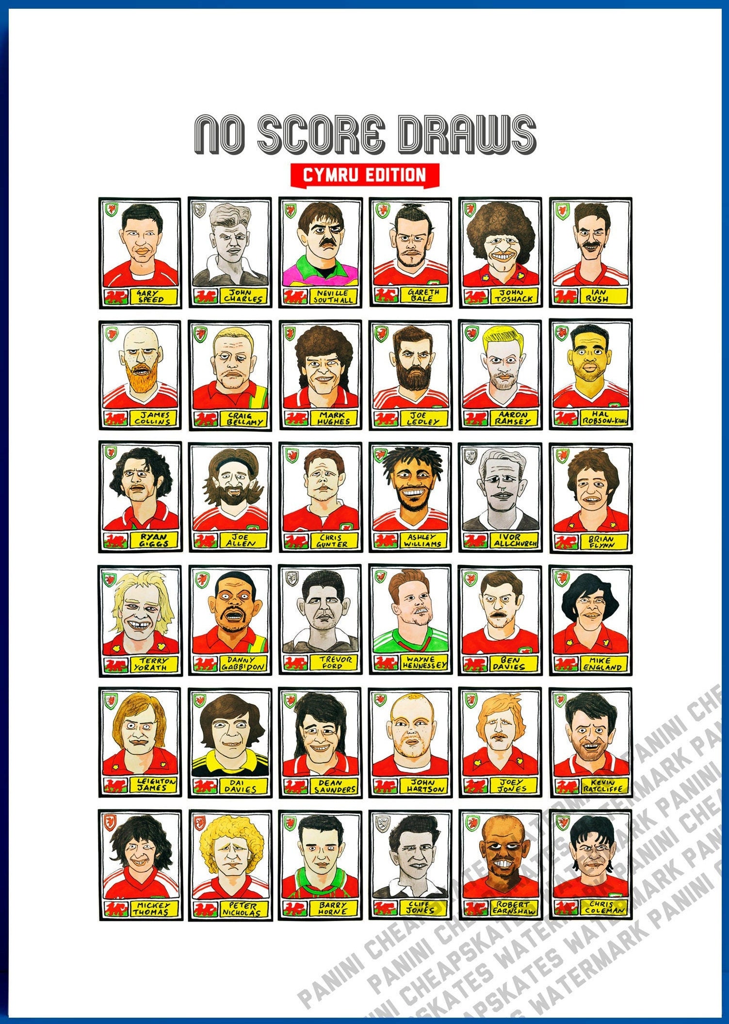 Wales - No Score Draws Cymru Edition - A3 Print of 36 Hand-drawn Panini ...