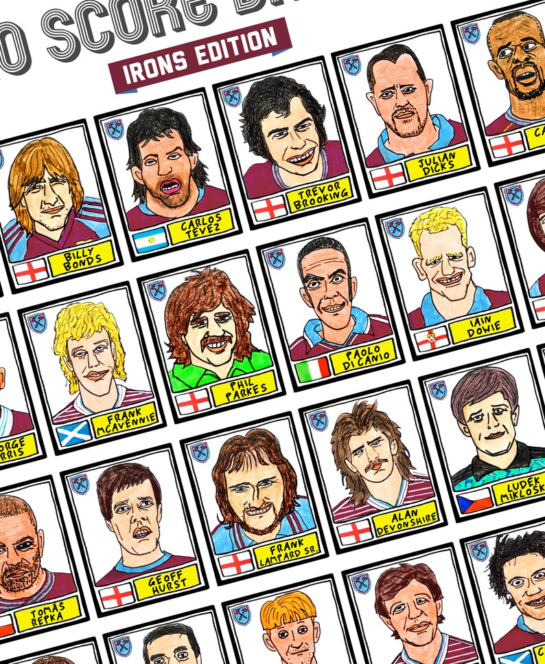 West Ham - No Score Draws Irons Edition - A3 Print of 36 Hand-drawn ...