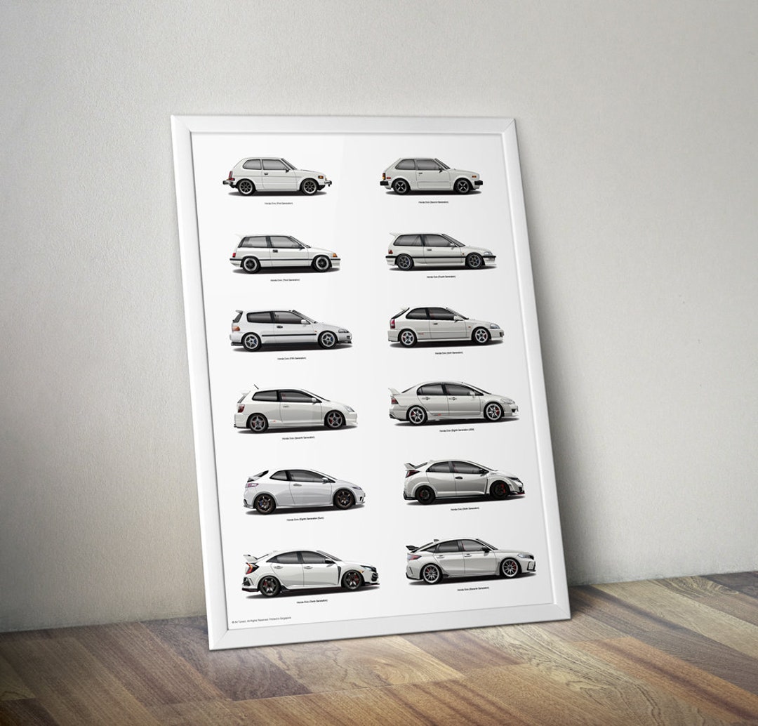 Civic 11 Generations Print, Type R EF9, EG6, EK9, EP3, FN2R, FD2R, FK2R ...