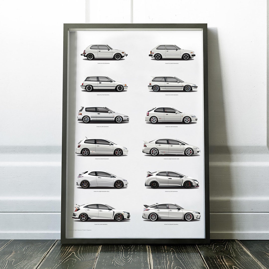Civic 11 Generations Print, Type R EF9, EG6, EK9, EP3, FN2R, FD2R, FK2R ...
