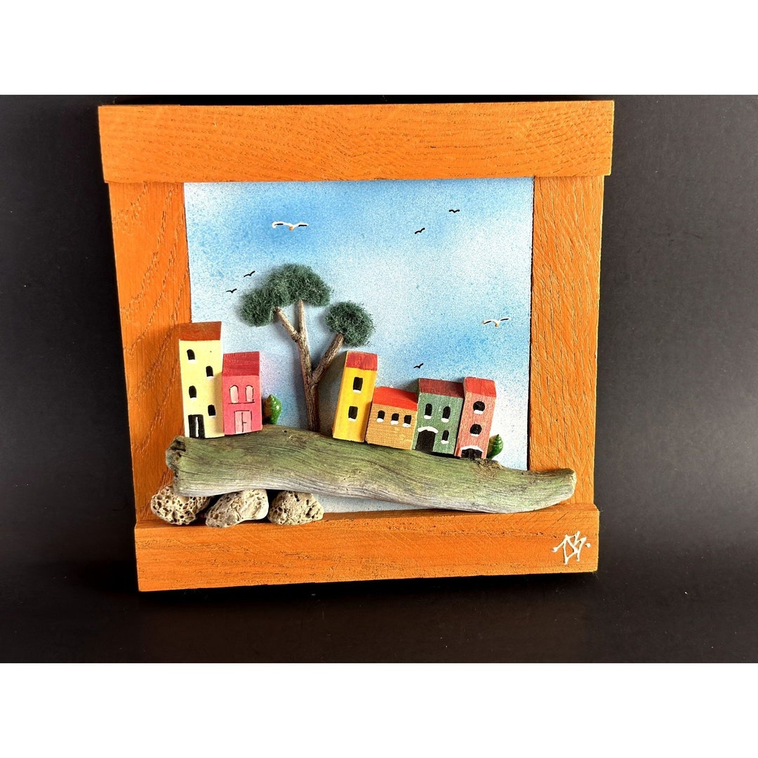 Handmade Wall Decor Village Scene Made in Croatia Driftwood Signed Folk ...