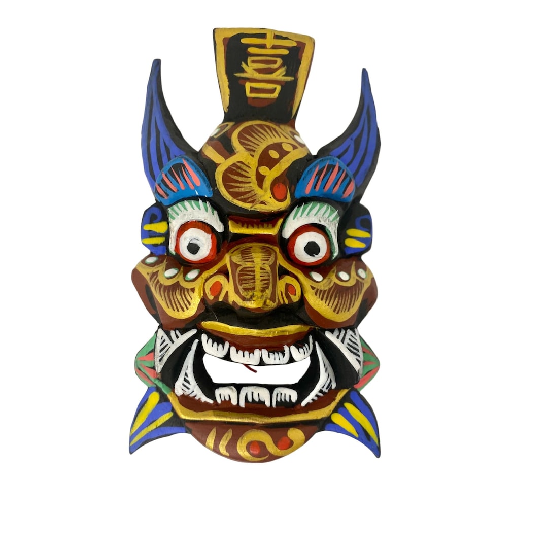 Chinese Folk Small Art 3D Nuo Demon Mask Wood Carved Hand Painted ...