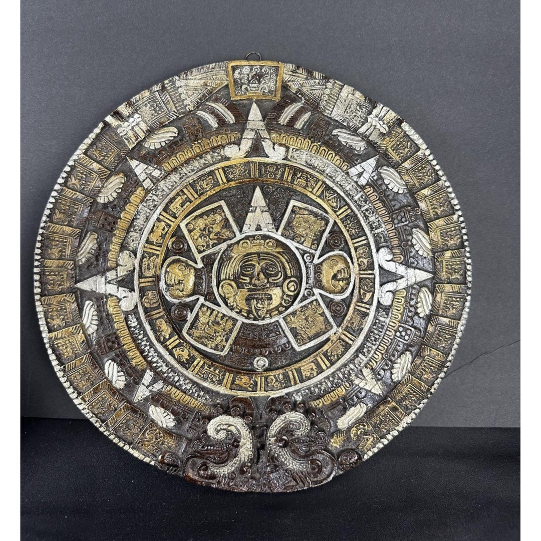 Vtg Aztec Sun Calendar Mayan Mexico Xiuhpohualli Tonalpohualli Plaque ...