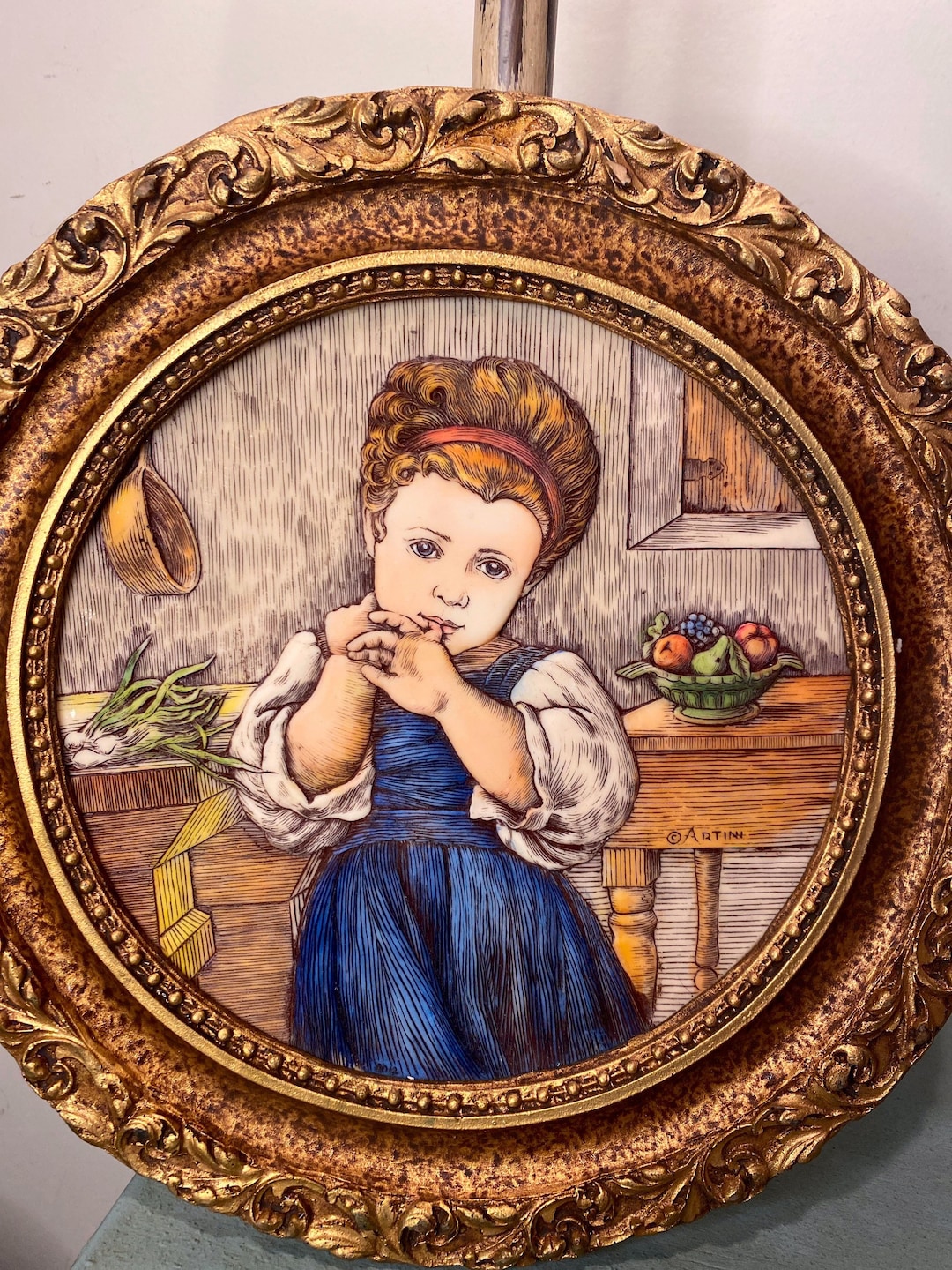 Vintage Sculptured Artini Engraving Framed Art Young Girl Handpainted ...