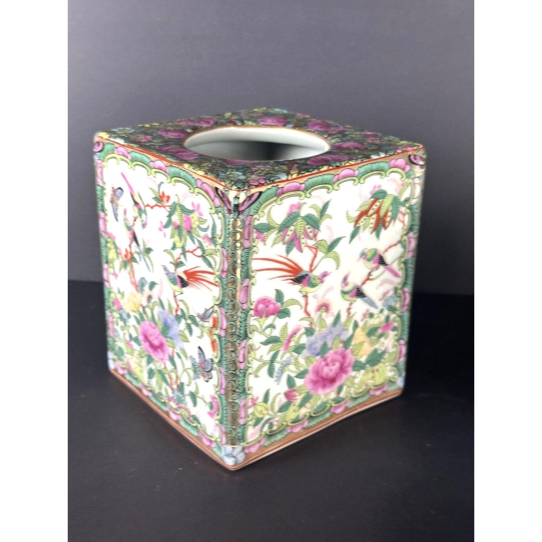 Vintage Chinese Hand-painted Porcelain Tissue Box Cover Birds & Flowers ...