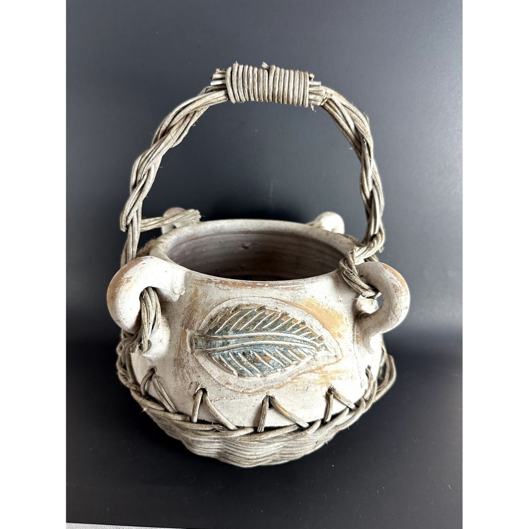 Rustic Clay Pottery With Vine Twig Branch Basket and Handle Planter ...