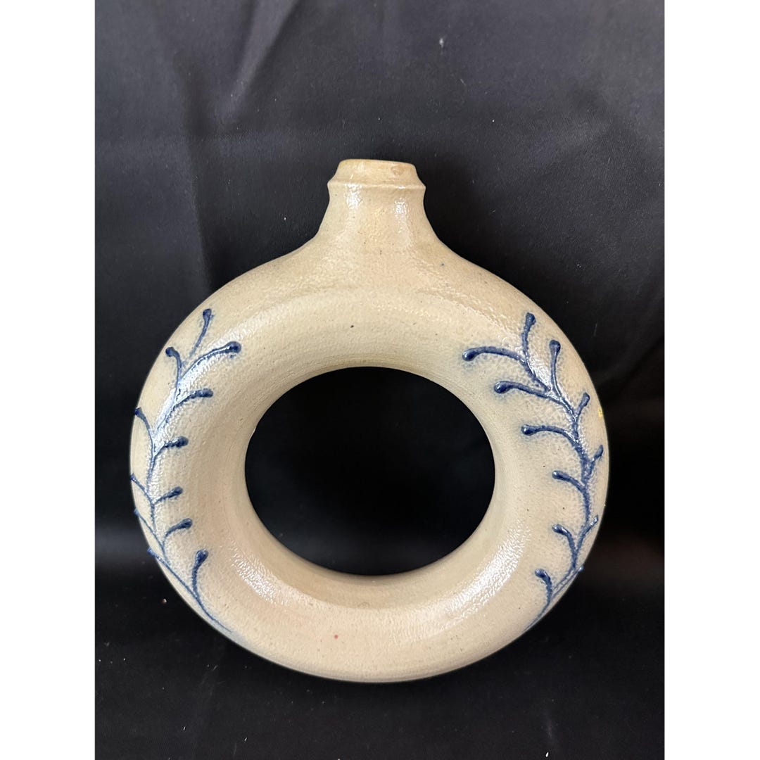 Vintage Stoneware Ring Flask With Blue Vine Design Hartstone Pottery ...