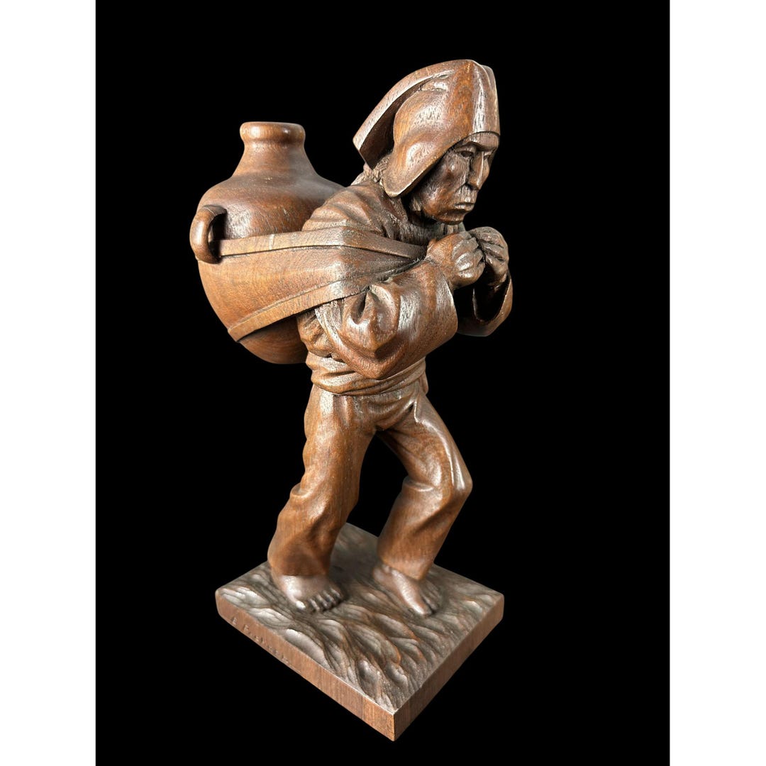 Hand-carved Wooden Sculpture South American Man Carrying A Pot Signed E ...