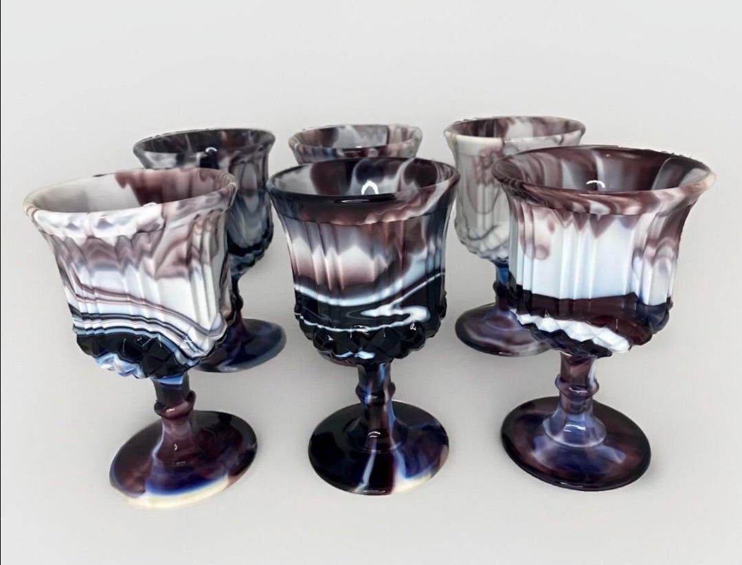 Set of 6 Vtg Marbled Slag Purple White Lilac Glass L.G. Wright Goblets ...