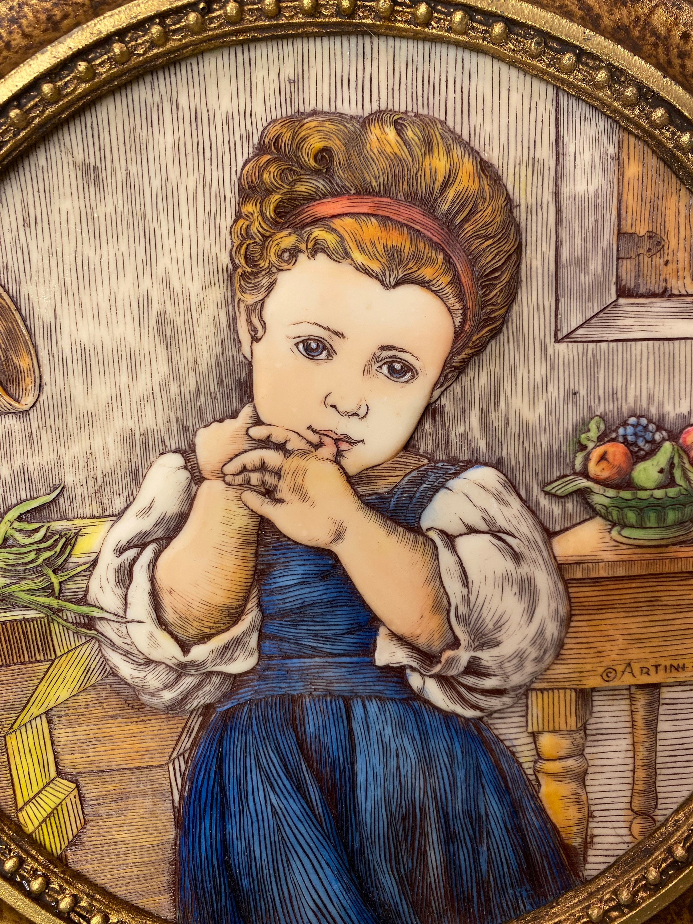 Vintage Sculptured Artini Engraving Framed Art Young Girl Handpainted ...