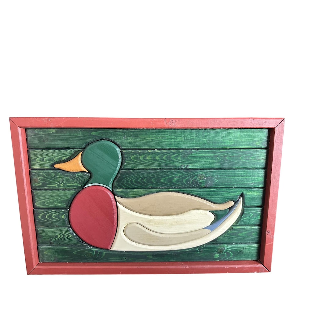 Vintage Wooden Duck Wall Art With Red Frame Handcrafted Rustic Decor ...