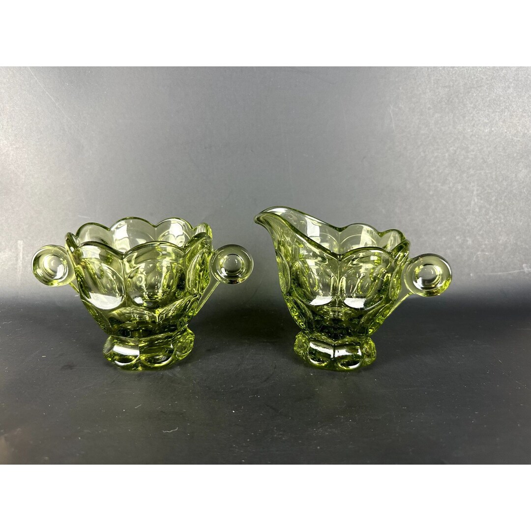 Vintage Heisey Whirlpool Avocado Olive Green Glass Creamer and Sugar ...
