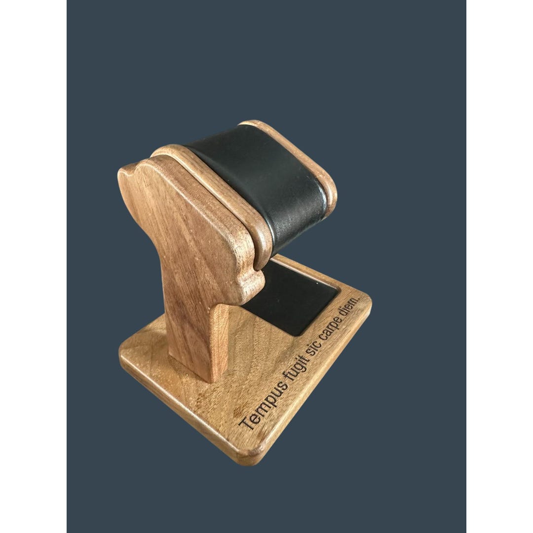 Handcrafted Wooden Watch Stand Black Leather Accents Engraved "tempus ...