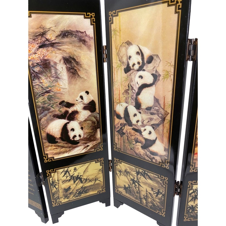 Miniature Chinese Table Top 6 Panel Folding Screen Decor Giant Pandas ...