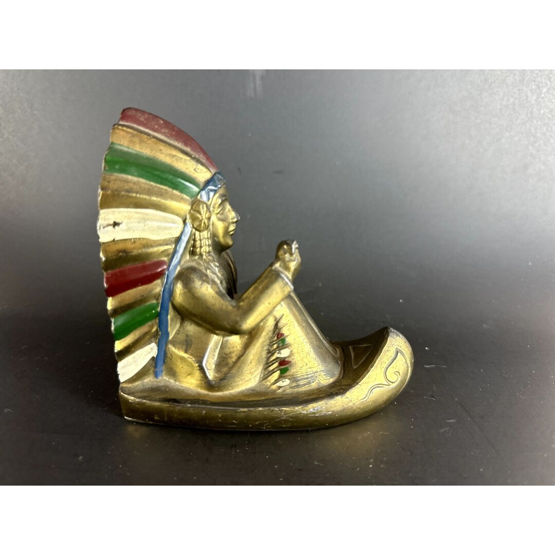Vtg American Indian Canoe Art Statue Sculpture Brass Metal Bookend One ...