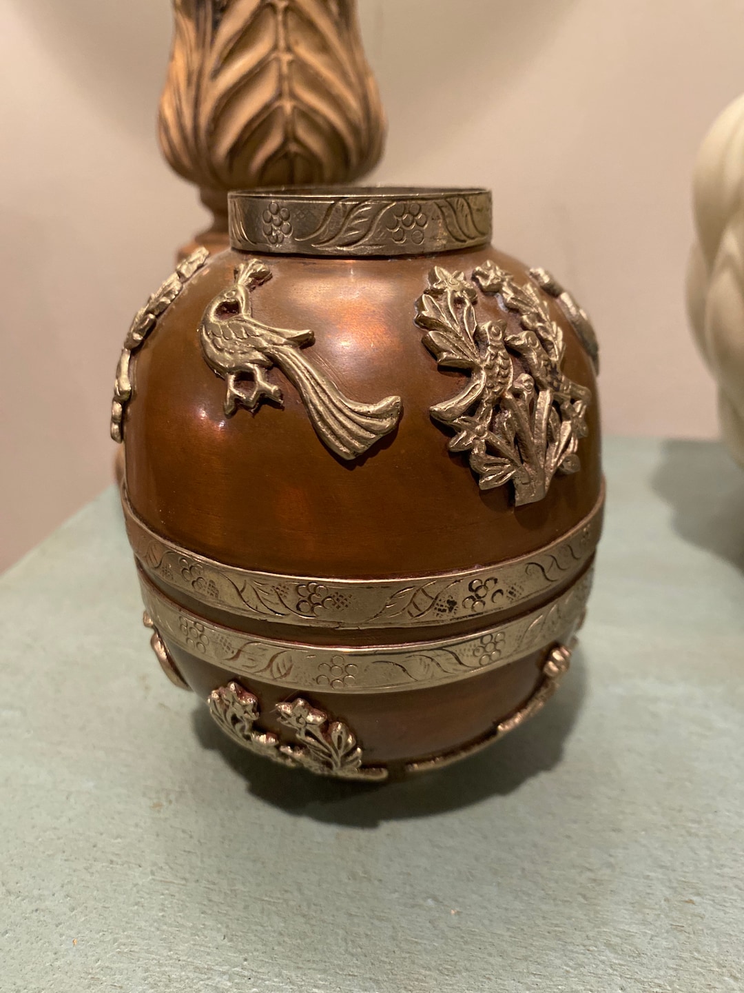 Vintage/antique Copper Jar With Brass Embellishments of Peacocks Made ...