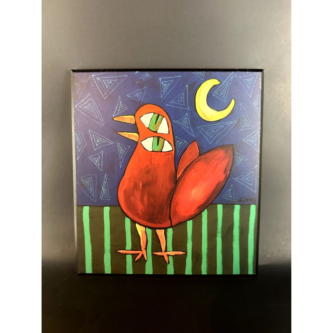 Lizzy Williams Folk Art Serigraph on Wood Signed Red Bird Abstract ...