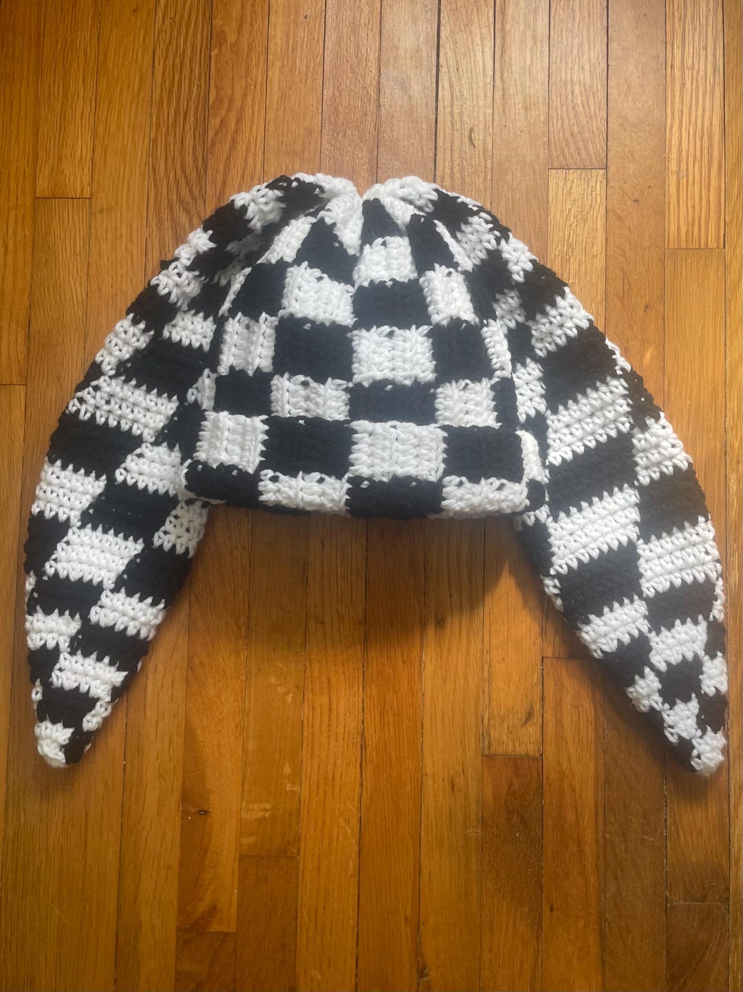 Crochet Checkerboard White and Black Bunny Ears Hat; Bunnie Beanie - Etsy