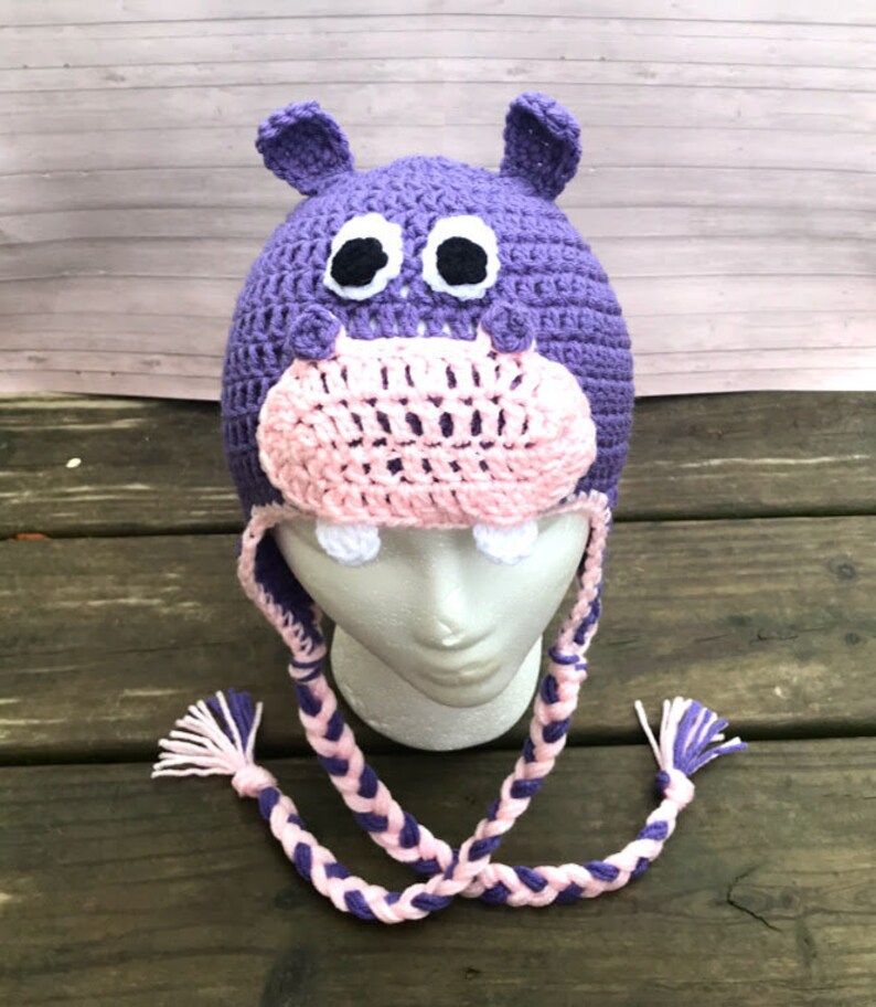 Crochet Hippo Beanie Hat With Ear Covers and Braids - Etsy