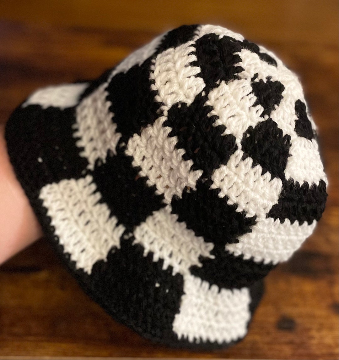 Crochet Black and White Checkered Bucket Hat 90s Fashion Mens Bucket ...