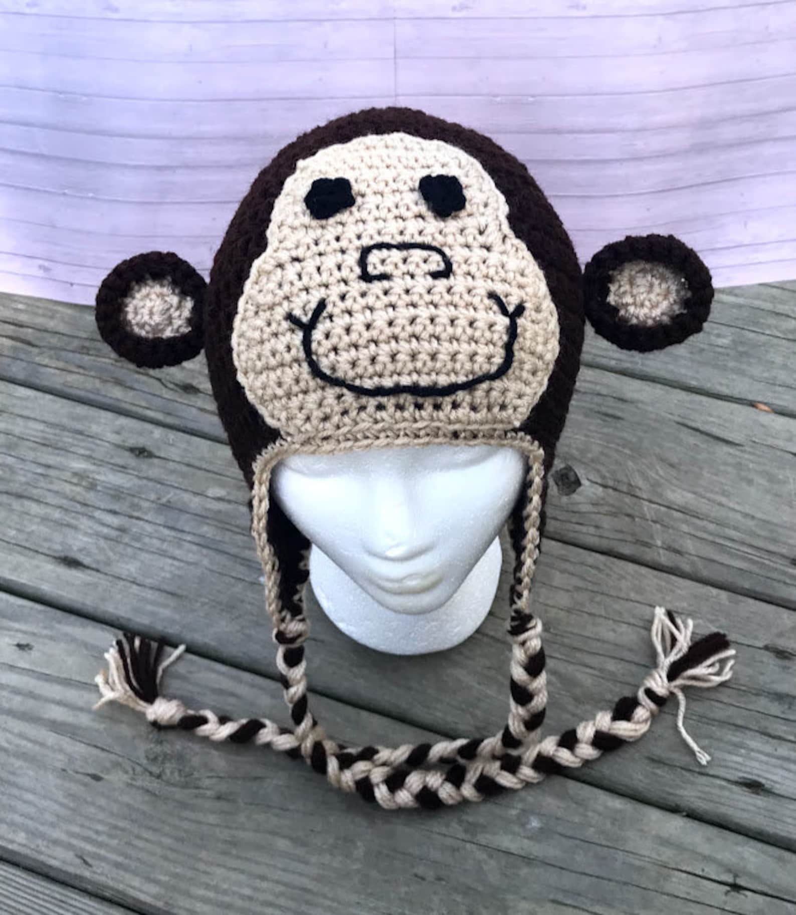 Crochet Monkey Beanie Hat With Ear Covers and Braids - Etsy