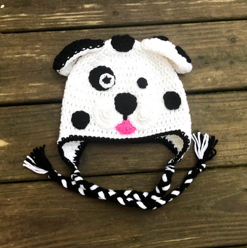 Crochet Dalmatian Dog Beanie Hat With Ear Covers and Braids - Etsy