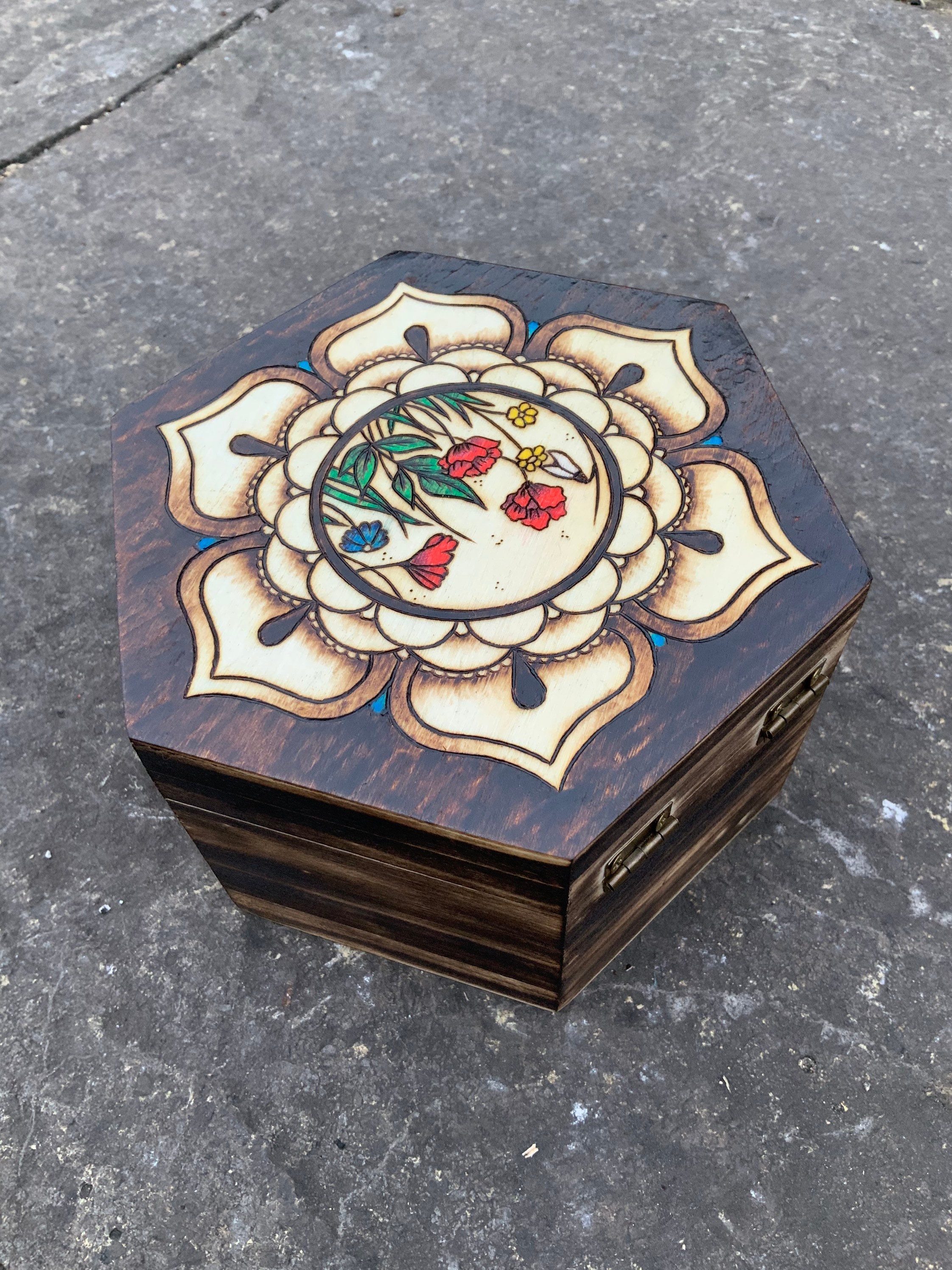 Wildflower pyrography mandala hand painted wooden keepsake | Etsy