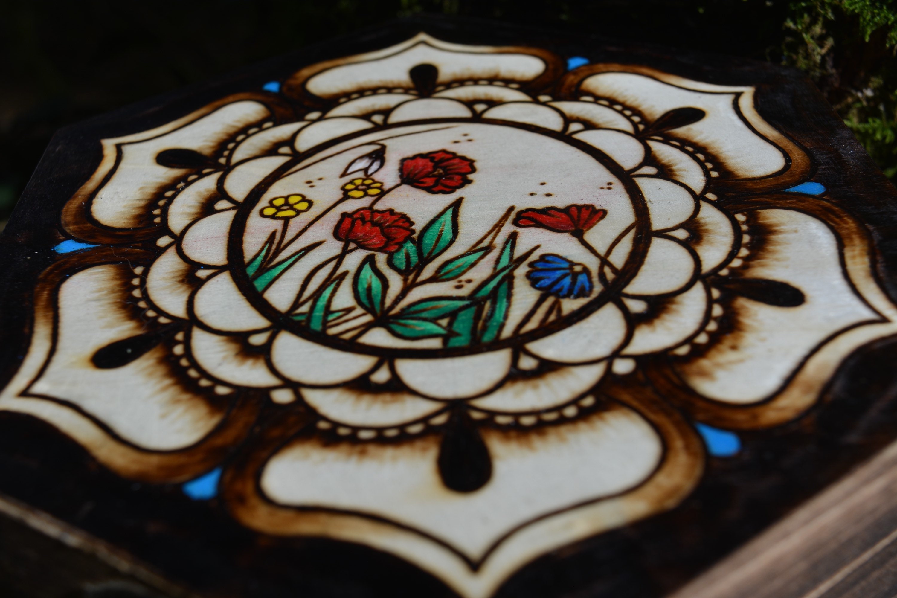 Wildflower Pyrography Mandala Hand Painted Wooden Keepsake | Etsy UK