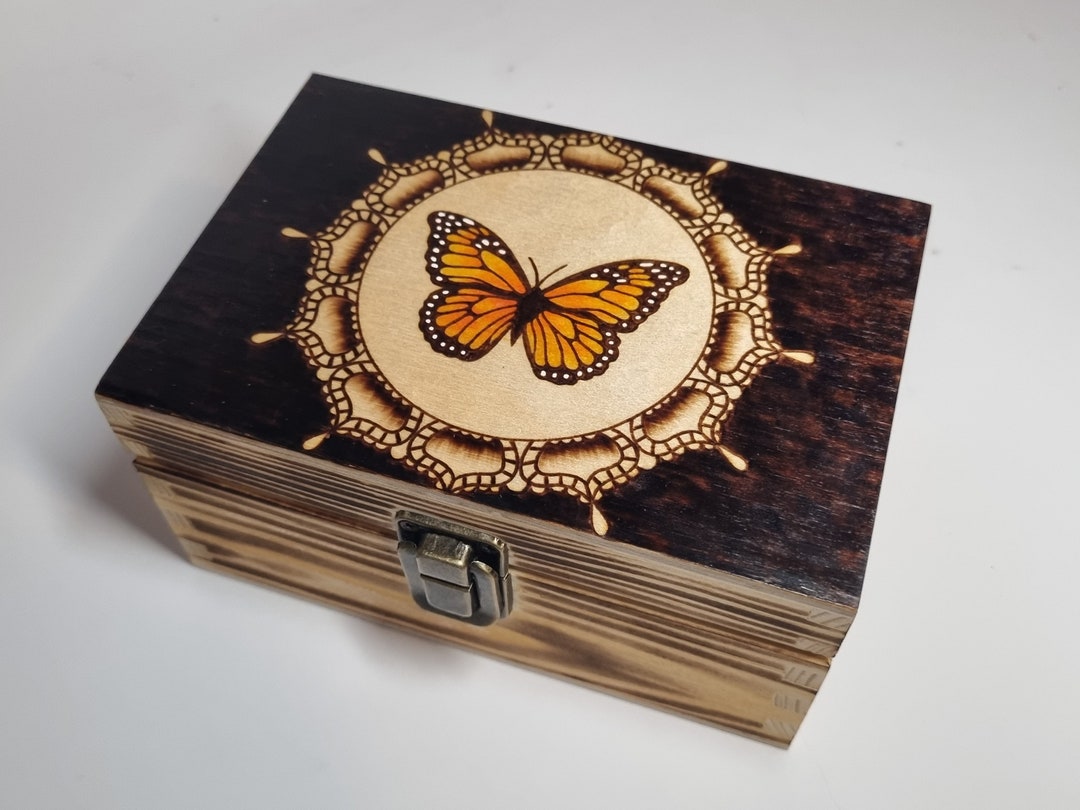 Monarch Butterfly Mandala Wooden Keepsake Box, Cottagecore Gift Hand Burnt Pyrography Gift Box ...