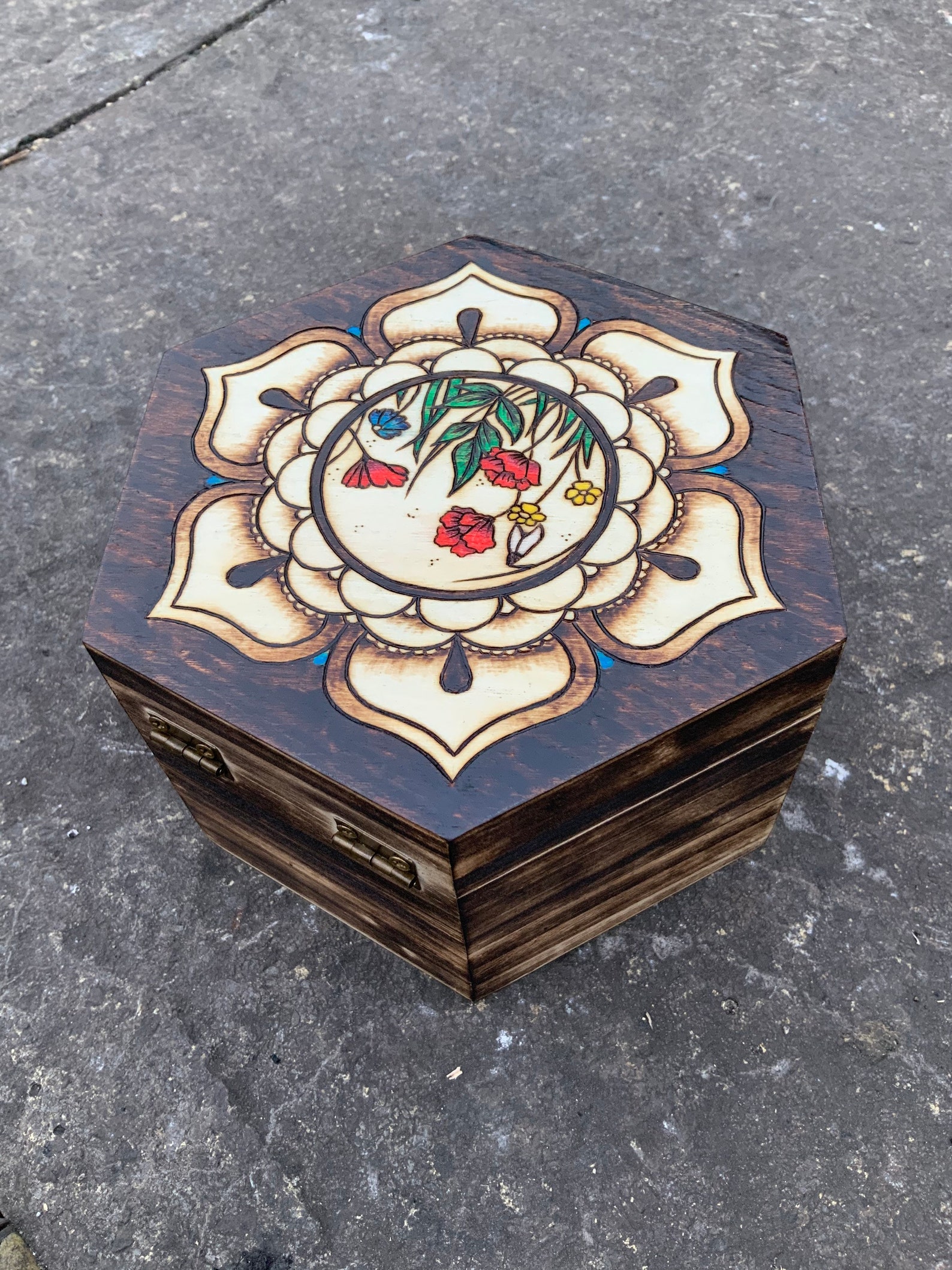 Wildflower pyrography mandala hand painted wooden keepsake | Etsy