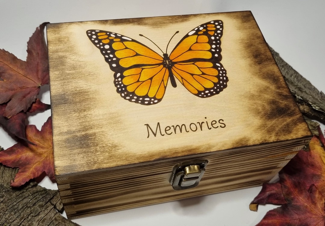 Monarch Butterfly Wooden Hand Burnt Memory Box, Keepsake Box ...