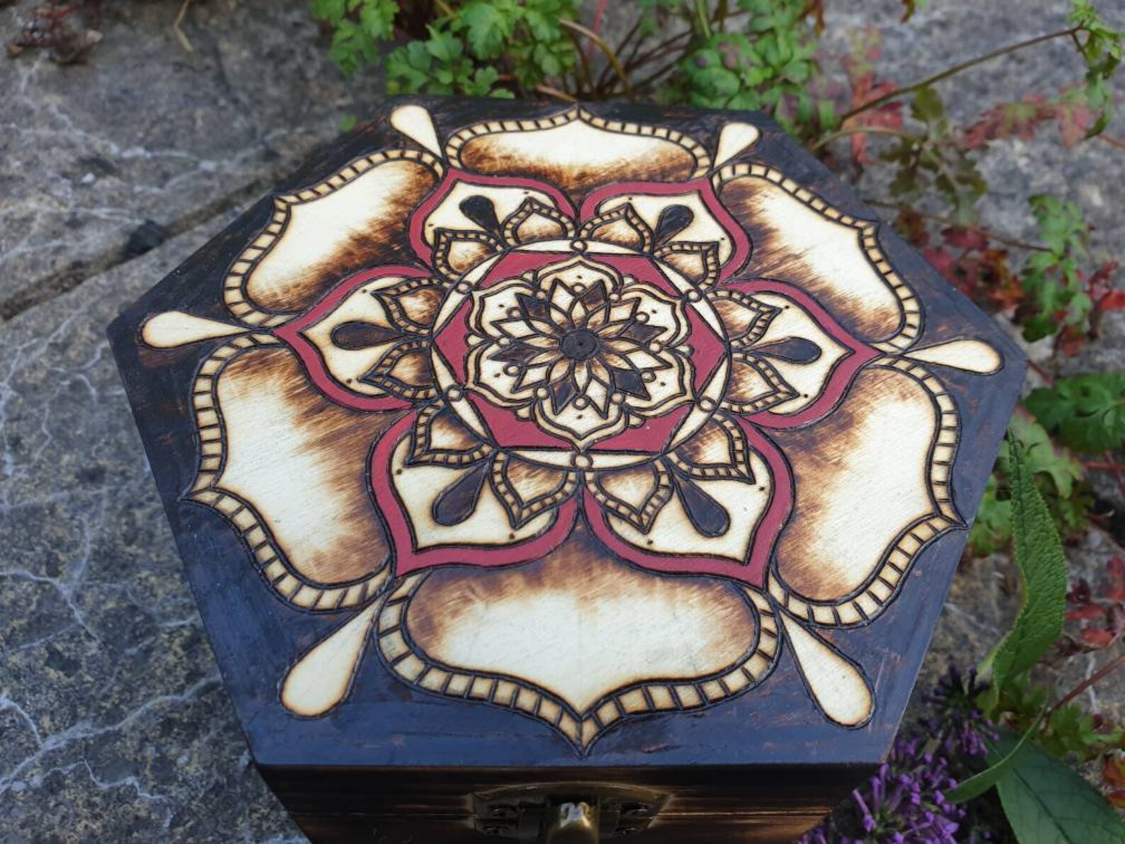 Mandala Pyrography Painted Hexagonal Wooden Keepsake Box, Unusual ...