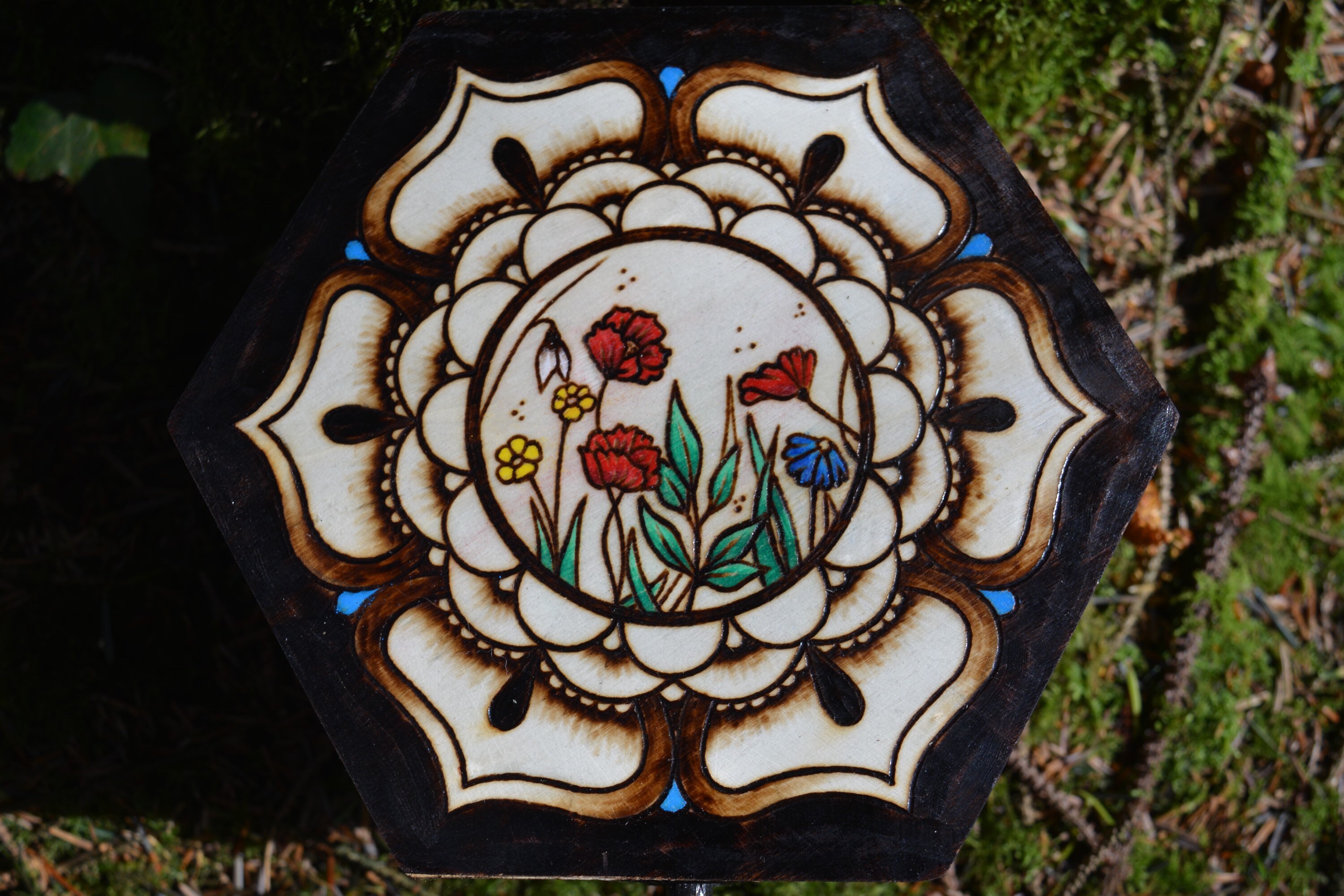 Wildflower Pyrography Mandala Hand Painted Wooden Keepsake | Etsy UK