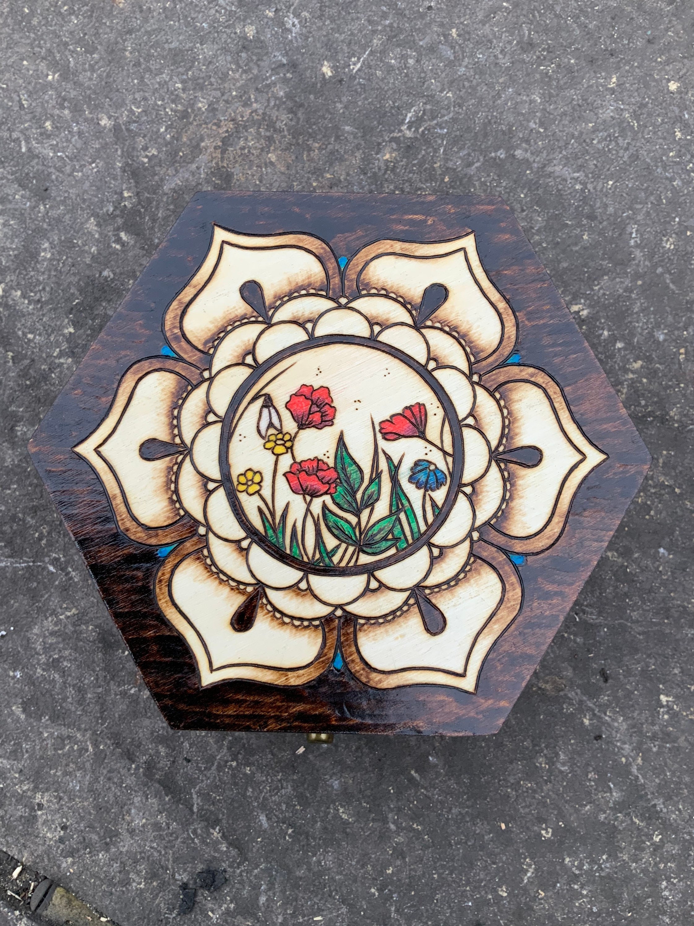 Wildflower pyrography mandala hand painted wooden keepsake | Etsy