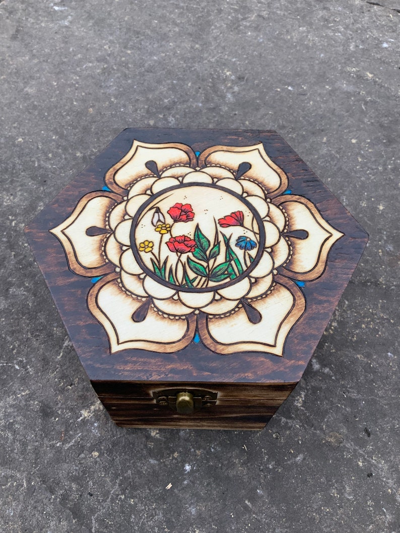 Wildflower pyrography mandala hand painted wooden keepsake | Etsy