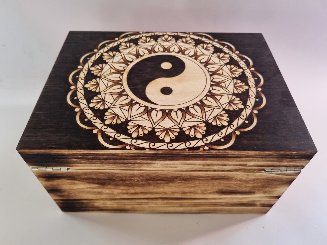 Hand Burnt Yin Yang Wooden Keepsake Box, Pyrography Art, Meditation ...