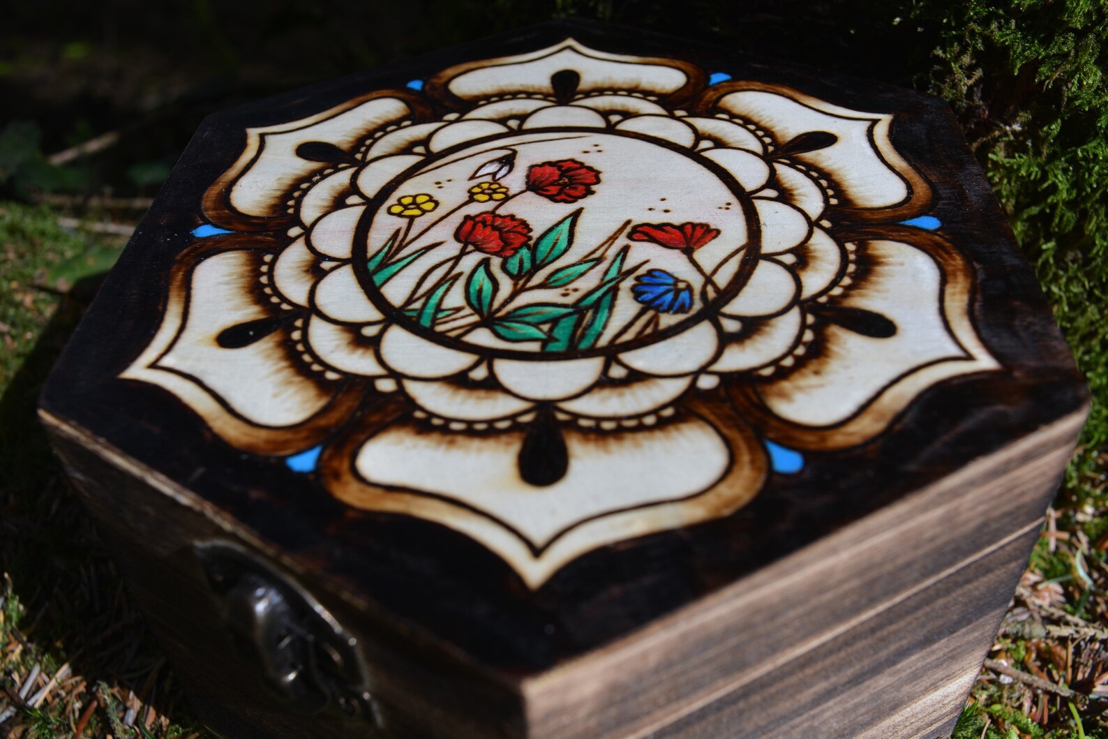 Wildflower Pyrography Mandala Hand Painted Wooden Keepsake | Etsy UK