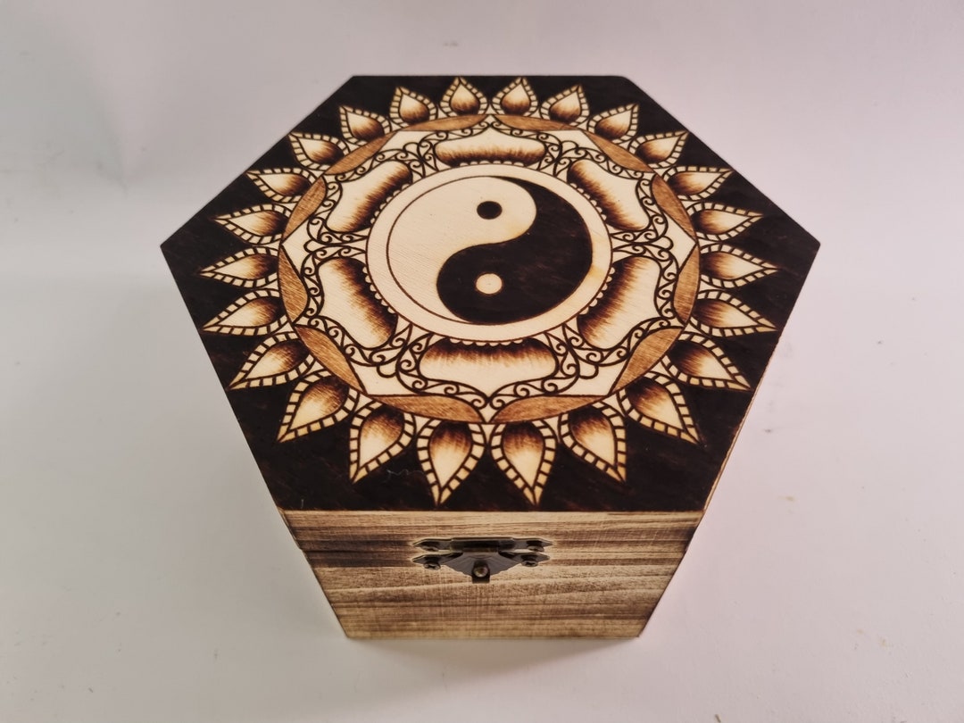 Hexagonal Yin Yang Wooden Keepsake Box, Pyrography Gift Box, Geometric ...