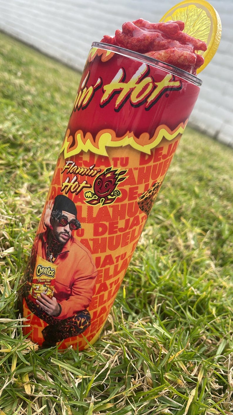 Bad Bunny Flamin Hot Cheetos 20oz Skinny Tumbler With 3D Lid, Bad Bunny ...