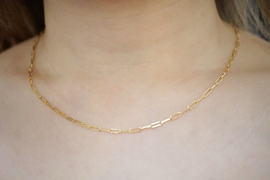 14K Solid Gold Paper Clip Chain Necklace / 16 Solid - Etsy