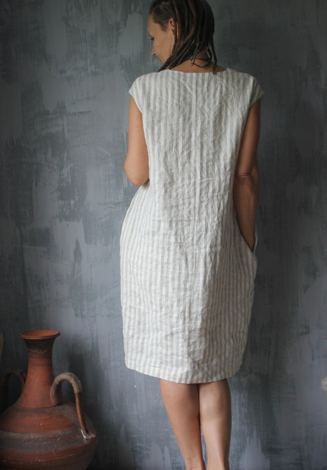 Italian Linen Dress.natural Stripes.boho Linen Dress.custom - Etsy
