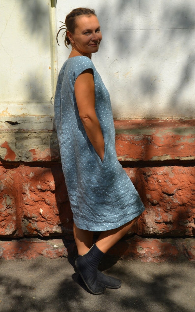 Italian Linen Dress.blue With Polka Dots.soft Linen Dress. - Etsy