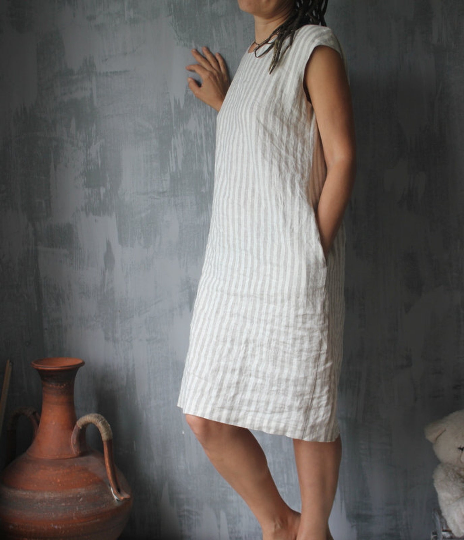 Italian Linen Dress.natural Stripes.boho Linen Dress.custom - Etsy