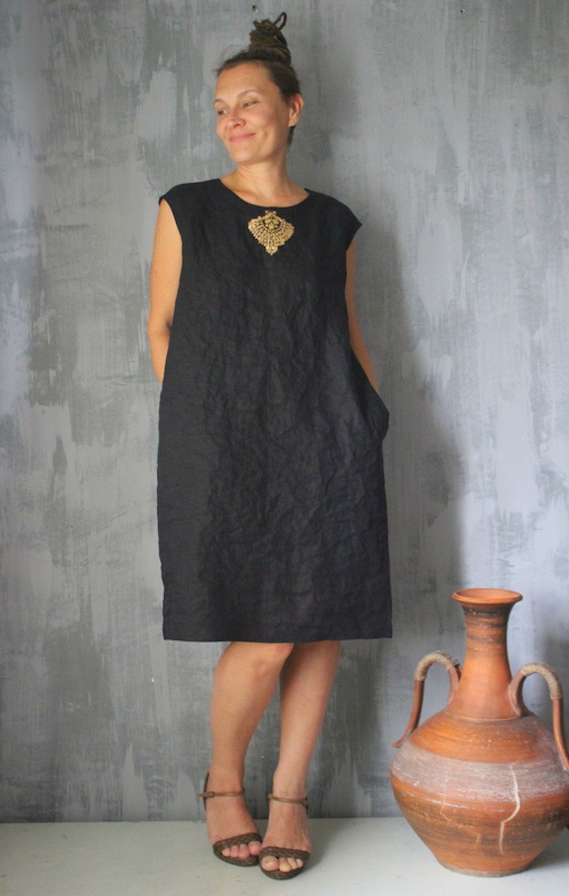 Italian Linen Dress.black With Decor or Blue-gray Color.boho - Etsy