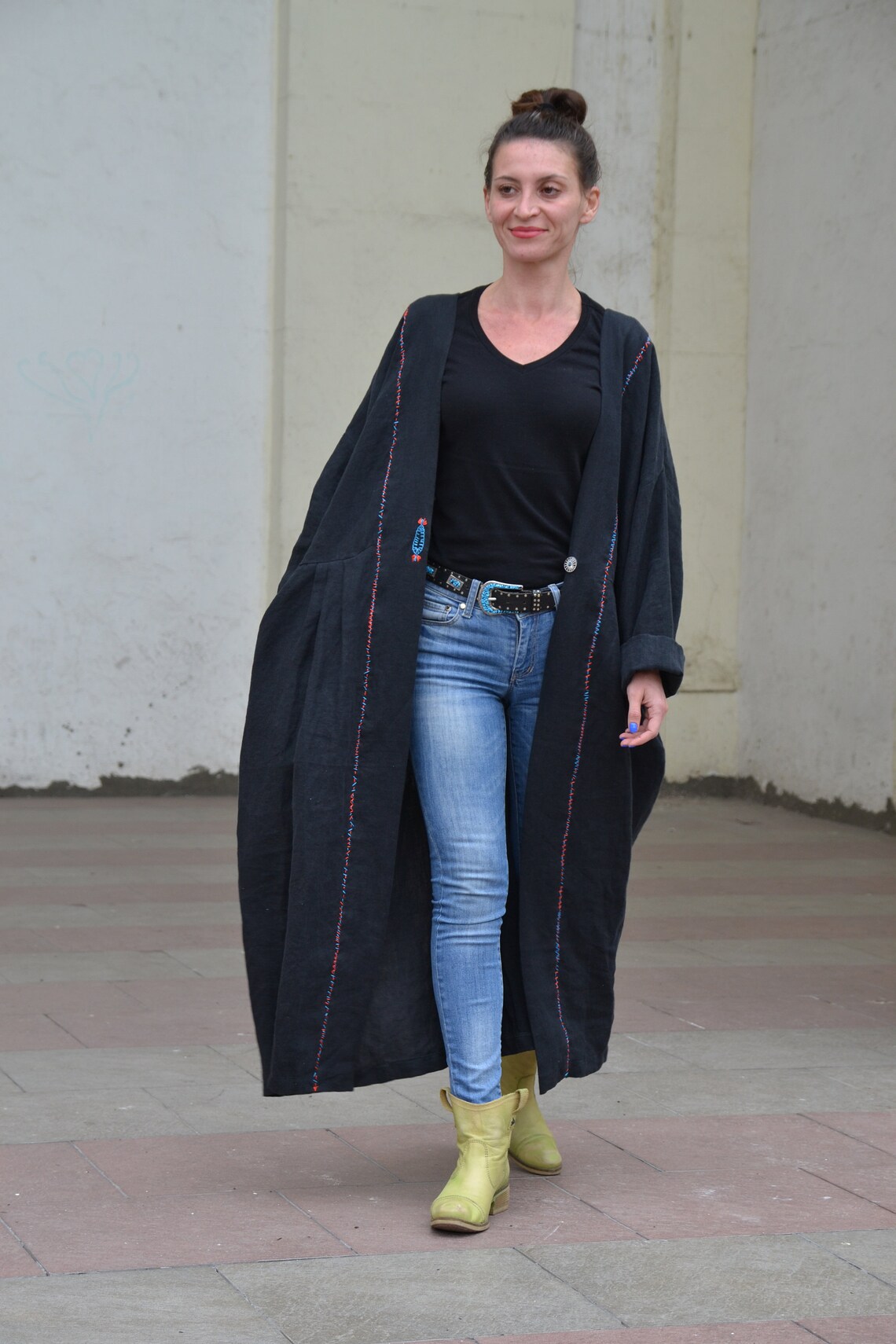 Linen Boho Coat.black With Embroidery.custom Size. - Etsy
